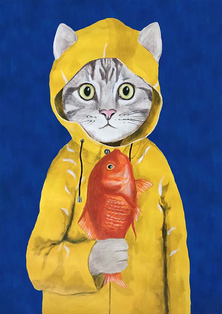 Katze mit Fisch Coco de Paris Poster im gelben Regenmantel – ARTSY FARTSY®